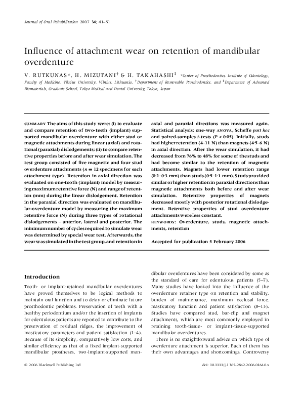 (PDF) Influence of attachment wear on retention of mandibular overdenture