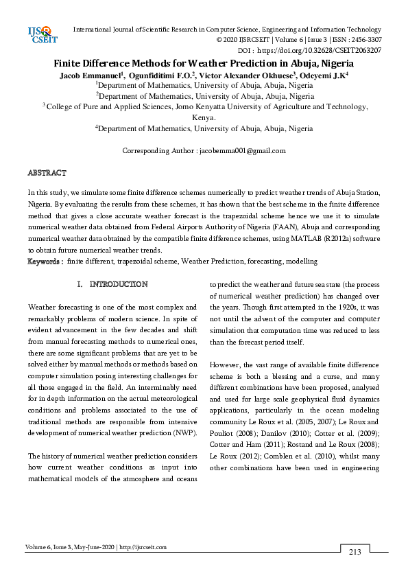 (PDF) Finite Difference Methods for Weather Prediction in Abuja, Nigeria