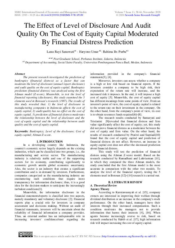 (PDF) The Effect of Level of Disclosure And Audit Quality On The Cost of Equity Capital ...