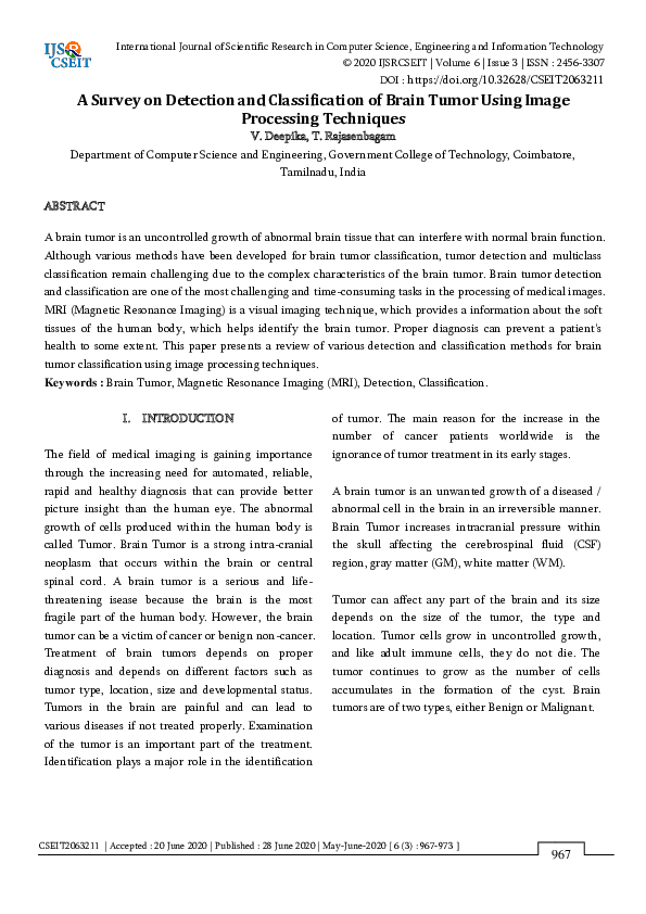 (PDF) A Survey on Detection and Classification of Brain Tumor Using Image Processing Techniques ...
