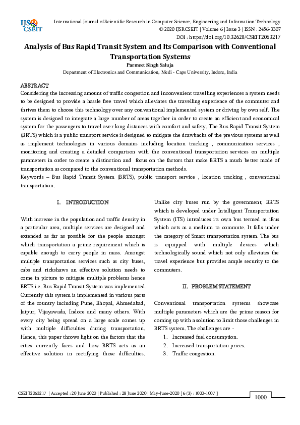 (PDF) Analysis of Bus Rapid Transit System and its comparison with ...