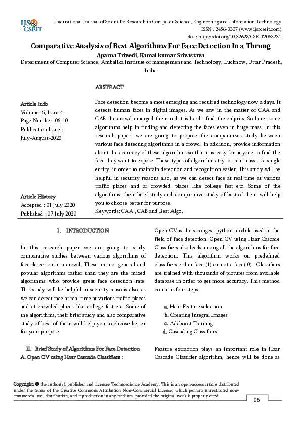 Pdf Comparative Analysis Of Best Algorithms For Face Detection In A Throng International