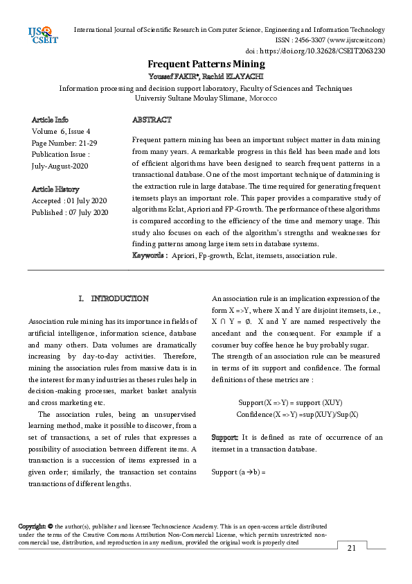 (PDF) Frequent Patterns Mining | International Journal of Scientific Research in Computer ...