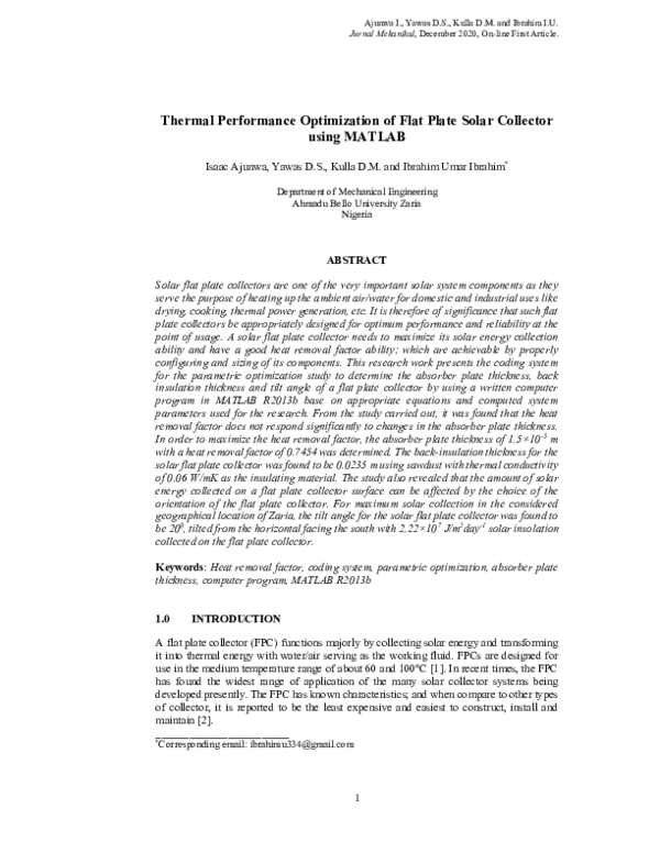 (PDF) Thermal Performance Optimization of Flat Plate Solar Collector ...