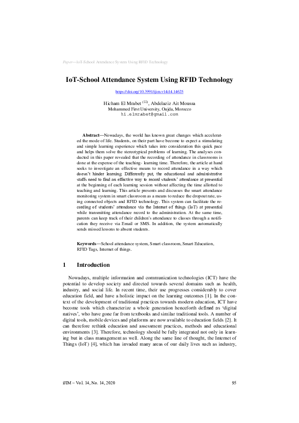(PDF) IoT-School Attendance System Using RFID Technology