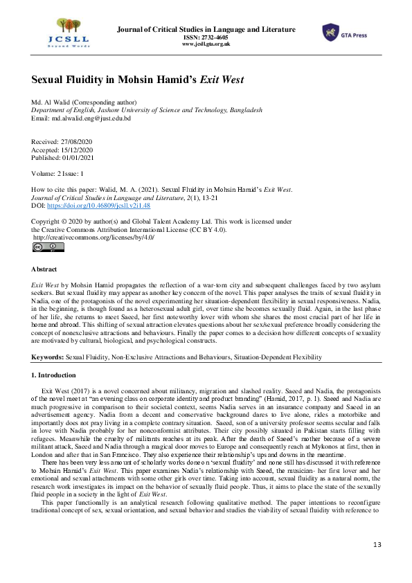 (PDF) Sexual Fluidity in Mohsin Hamid's Exit West