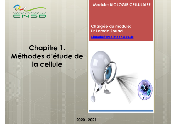(PDF) Module: BIOLOGIE CELLULAIRE Chapitre 1. Méthodes d'étude de la cellule Chargée du module ...