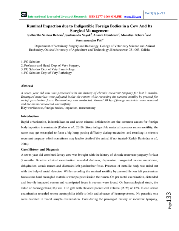 (PDF) Ruminal impaction due to indigestible foreign bodies in a cow and ...