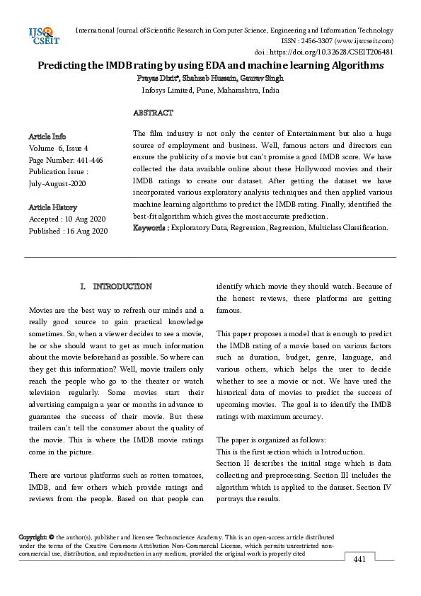 Pdf Predicting The Imdb Rating By Using Eda And Machine Learning Algorithms