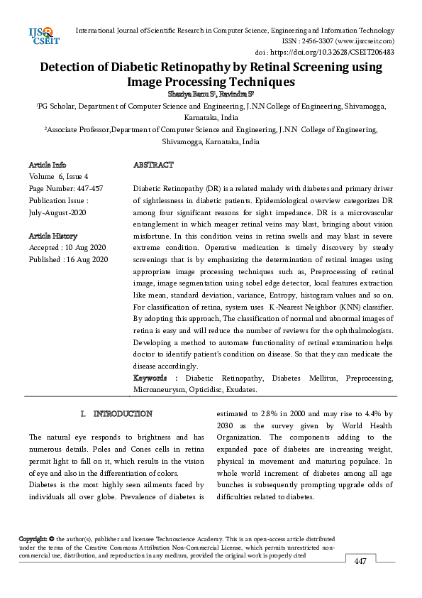 (PDF) Detection of Diabetic Retinopathy by Retinal Screening using Image Processing Techniques