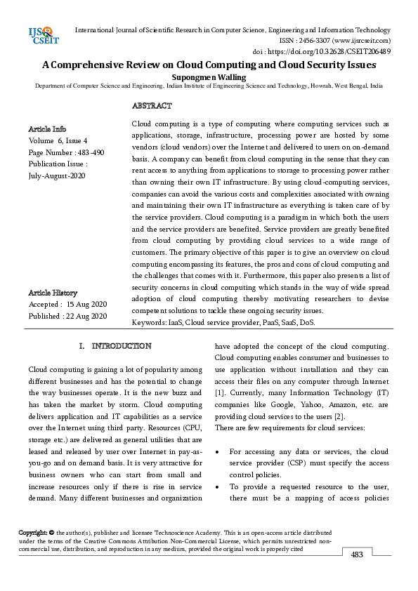 Pdf A Comprehensive Review On Cloud Computing And Cloud Security Issues