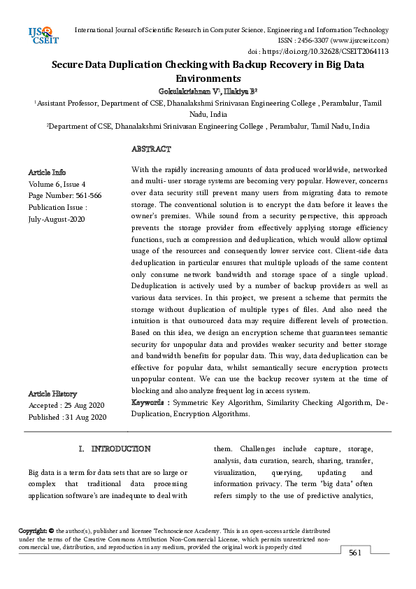 Pdf Secure Data Duplication Checking With Backup Recovery In Big Data Environments