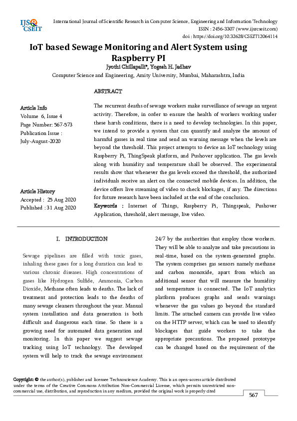 (PDF) IoT based Sewage gas Monitoring and Alert System using Raspberry PI