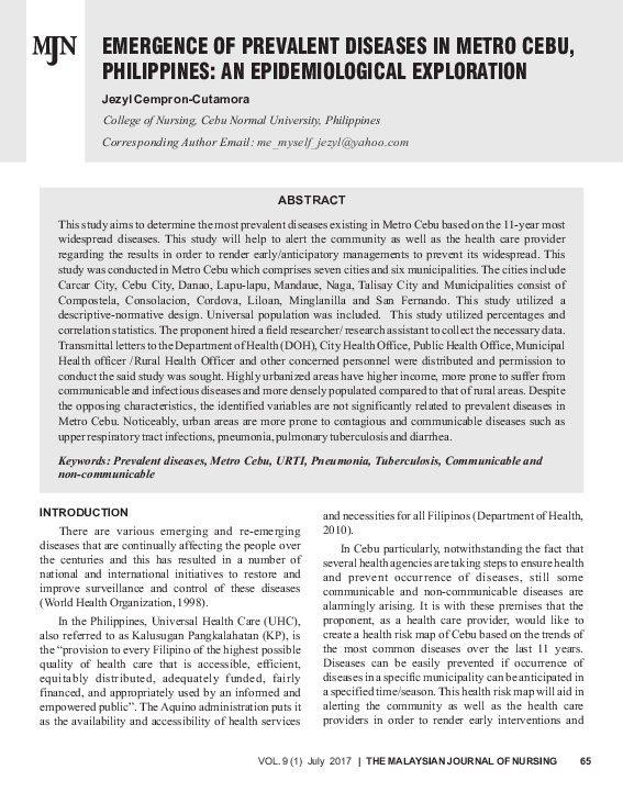 Pdf Emergence Of Prevalent Diseases In Metro Cebu Philippines An Epidemiological Exploration