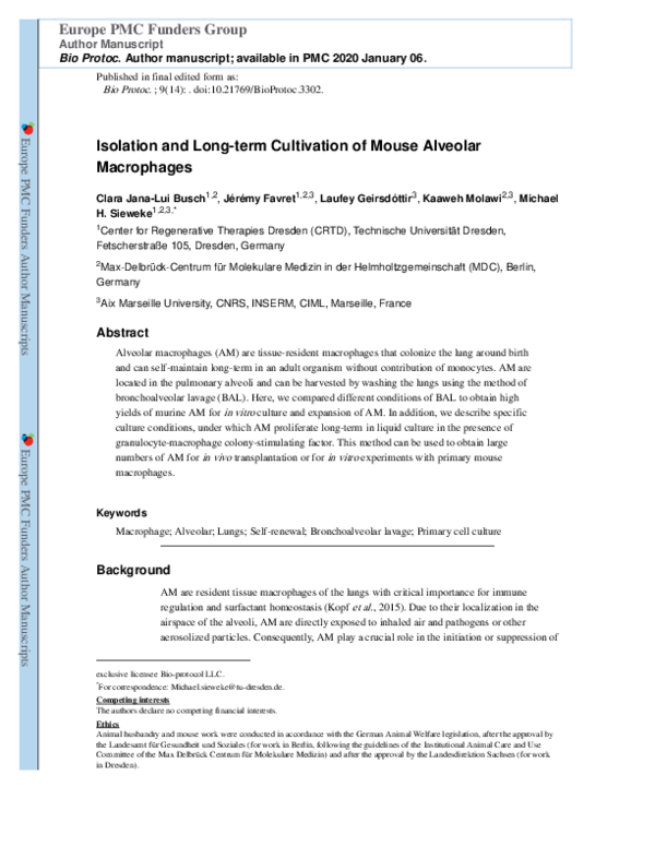 (PDF) Isolation and Long-term Cultivation of Mouse Alveolar Macrophages