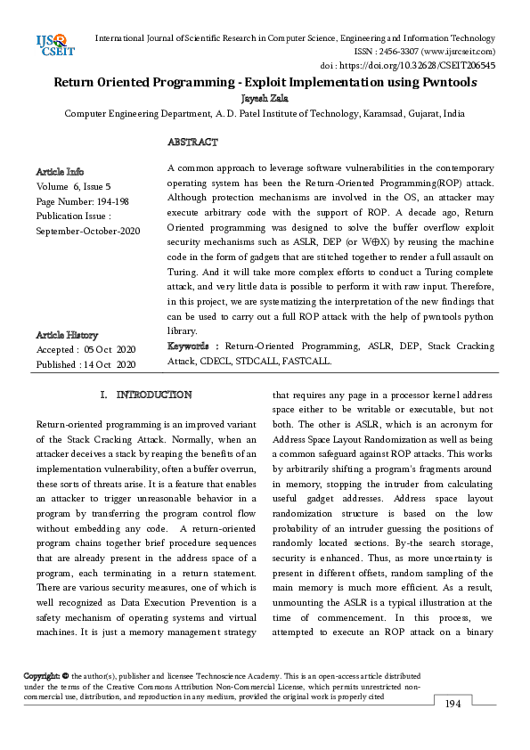 (PDF) Return Oriented Programming - Exploit Implementation using Pwntools