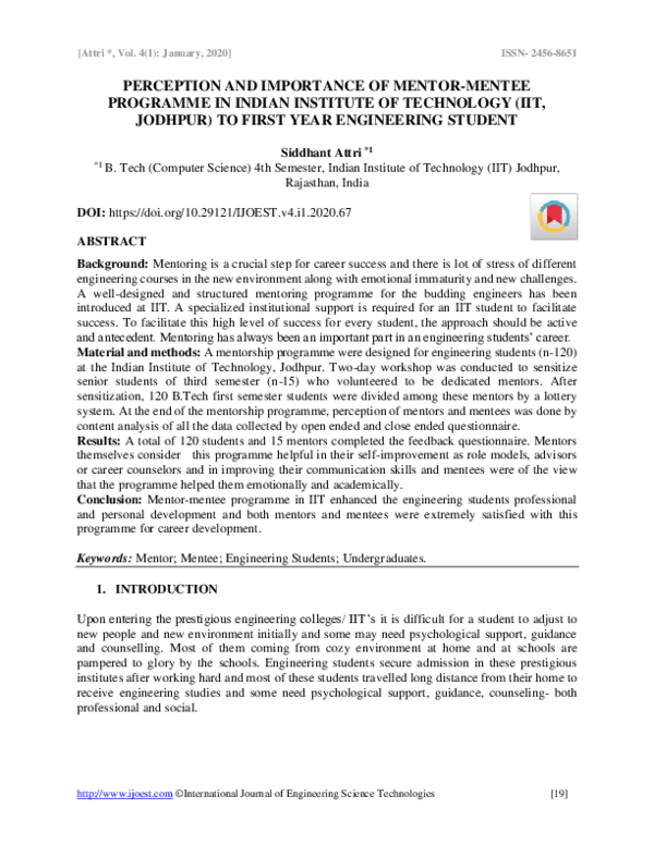 (PDF) PERCEPTION AND IMPORTANCE OF MENTOR-MENTEE PROGRAMME IN INDIAN INSTITUTE OF TECHNOLOGY ...