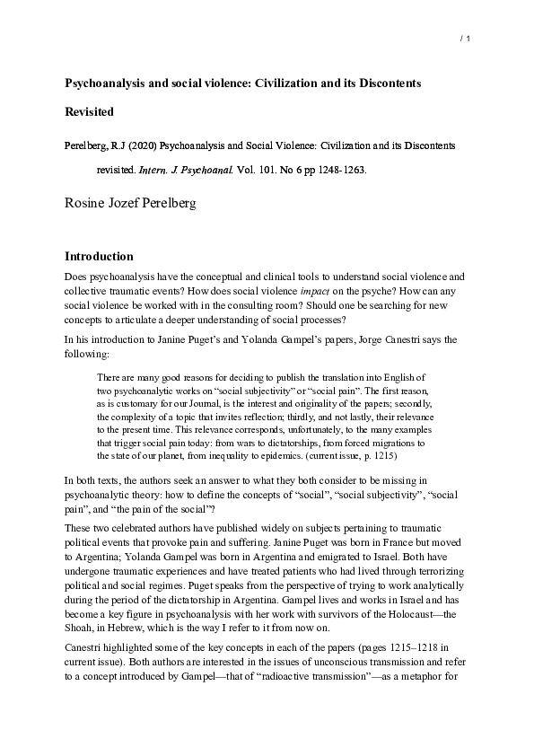 (DOC) Perelberg R J 2020 Psychoanalysis and Social Violence ...