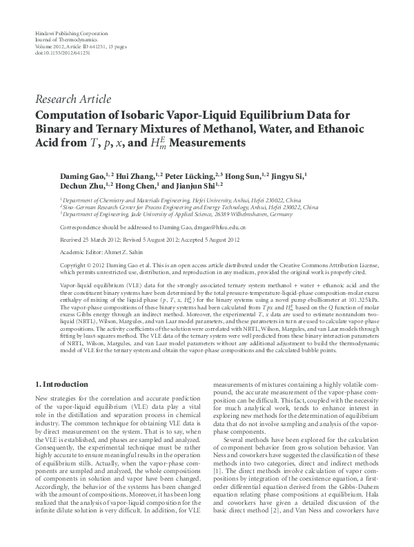 (PDF) Computation of Isobaric Vapor-Liquid Equilibrium Data for Binary and Ternary Mixtures of ...