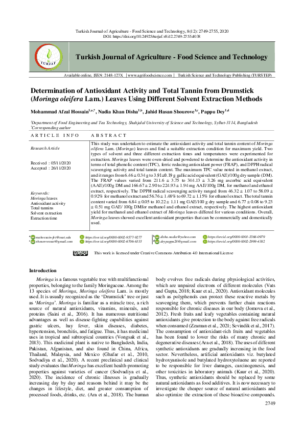(PDF) Determination of Antioxidant Activity and Total Tannin from Drumstick (Moringa oleifera ...