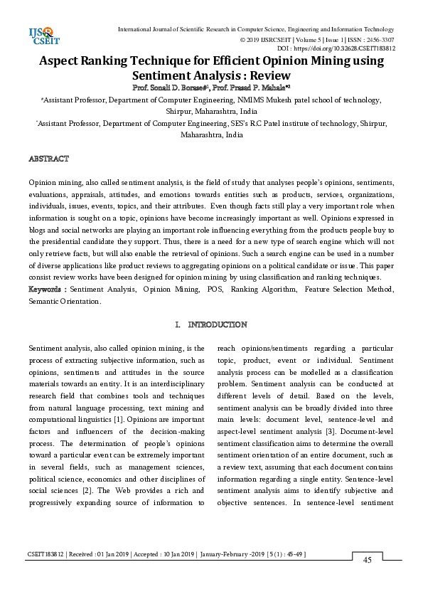 Pdf Aspect Ranking Technique For Efficient Opinion Mining Using Sentiment Analysis Review