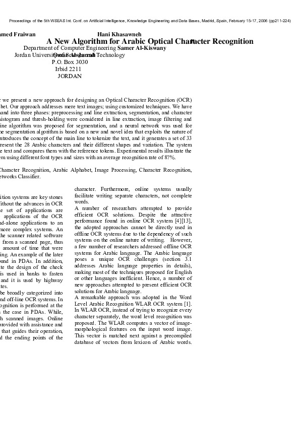 (PDF) A New Algorithm for Arabic Optical Character Recognition