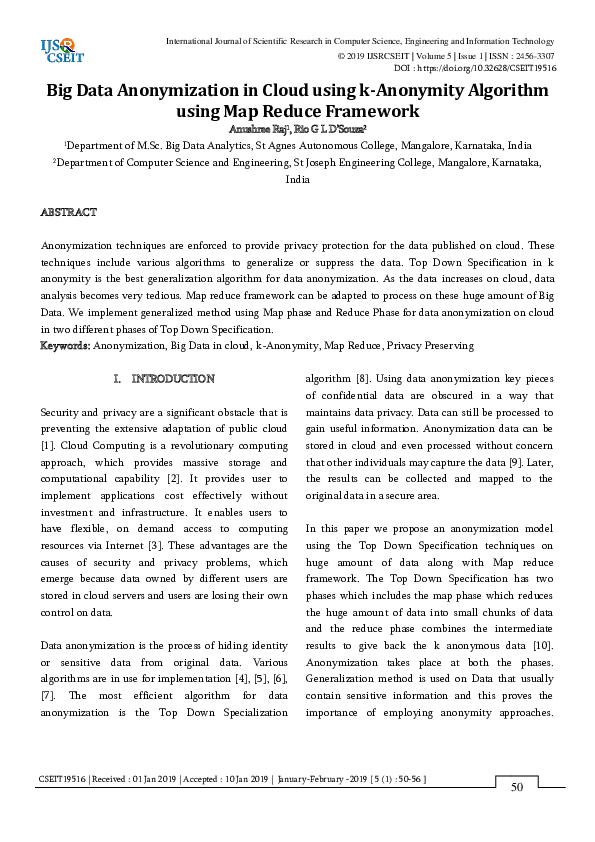 Pdf Big Data Anonymization In Cloud Using K Anonymity Algorithm Using Map Reduce Framework