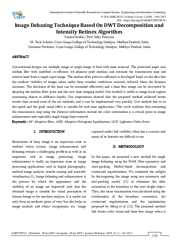 Pdf Image Dehazing Technique Based On Dwt Decomposition And Intensity