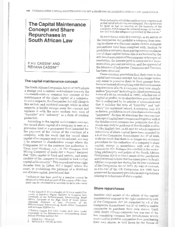 (PDF) The Capital Maintenance Concept and Share Repurchases in South ...
