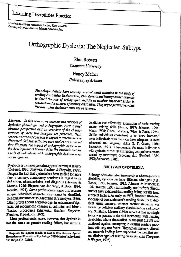 (PDF) Orthographic dyslexia: The neglected subtype