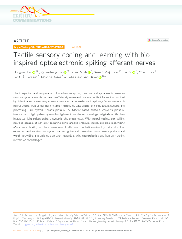 (PDF) Tactile sensory coding and learning with bio- inspired optoelectronic spiking afferent nerves