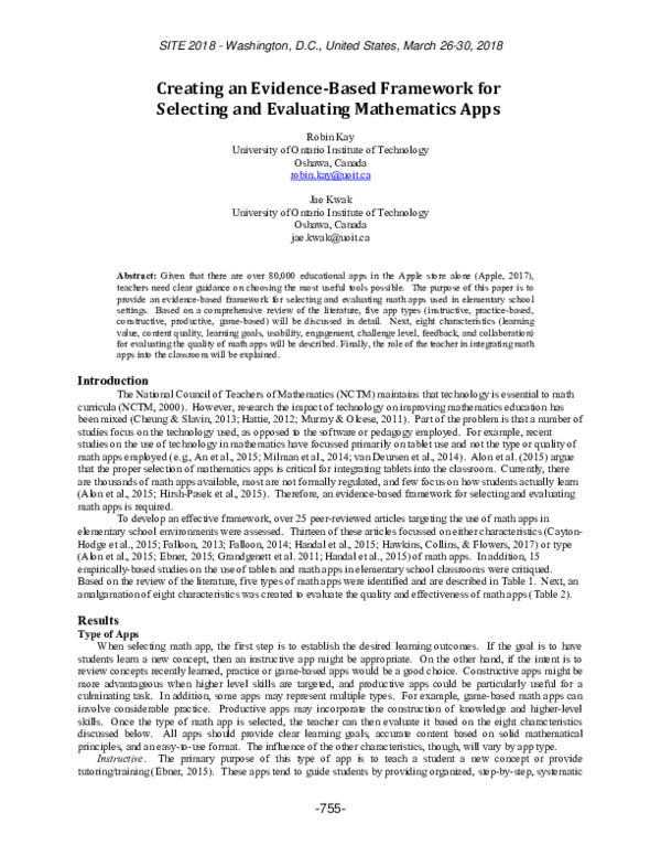 (PDF) Creating an Evidence-Based Framework for Selecting and Evaluating Mathematics Apps