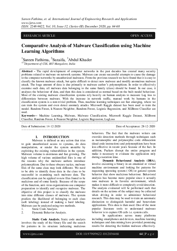 Pdf Comparative Analysis Of Malware Classification Using Machine Learning Algorithms