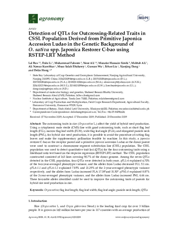 (PDF) Detection of QTLs for Outcrossing-Related Traits in CSSL ...