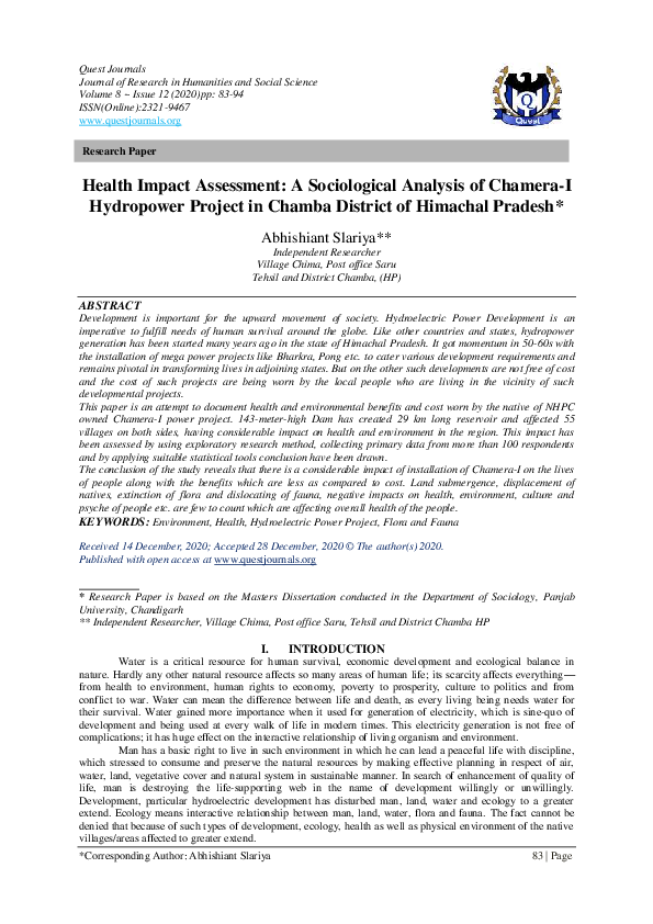 (PDF) Health Impact Assessment: A Sociological Analysis of Chamera-I ...