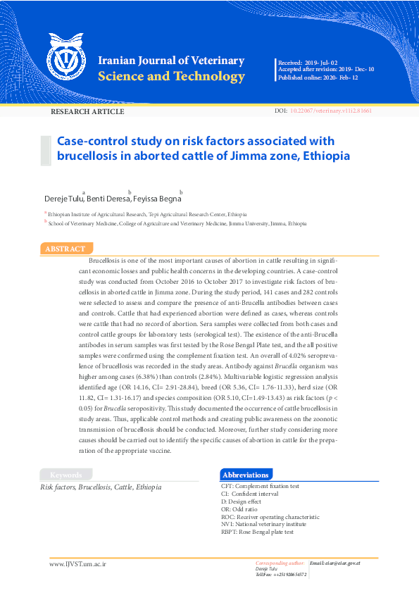 (PDF) Case-control study on risk factors associated with brucellosis in aborted cattle of Jimma ...