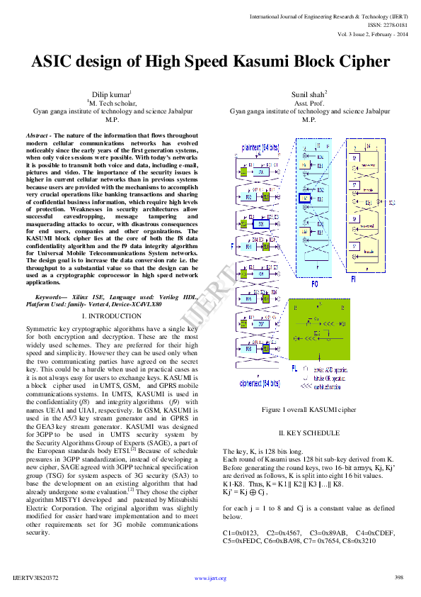 (PDF) IJERT-ASIC design of High Speed Kasumi Block Cipher