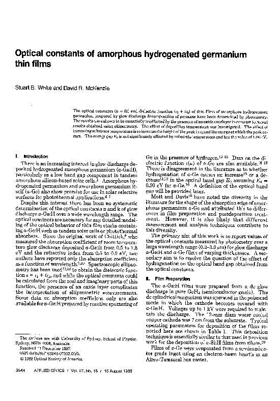 (PDF) Optical constants of amorphous hydrogenated germanium thin films