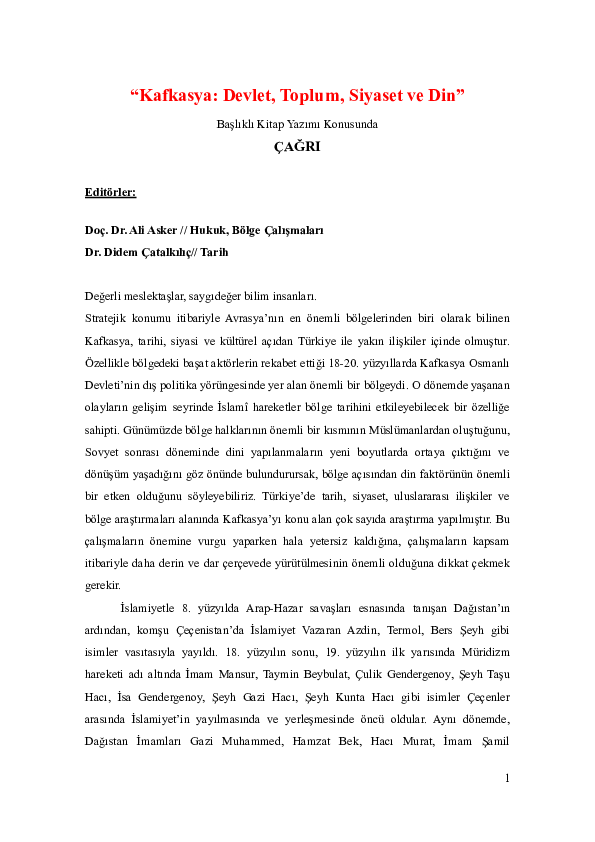 (PDF) "Kafkasya: Devlet, Toplum, Siyaset ve Din"