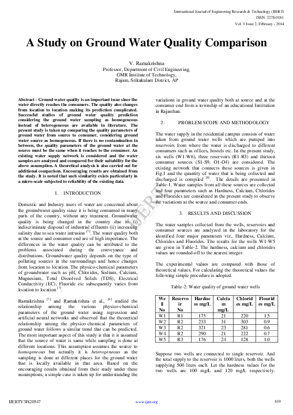 (PDF) IJERT-A Study on Ground Water Quality Comparison (PDF) IJERT-A Study on Ground Water Quality Comparison