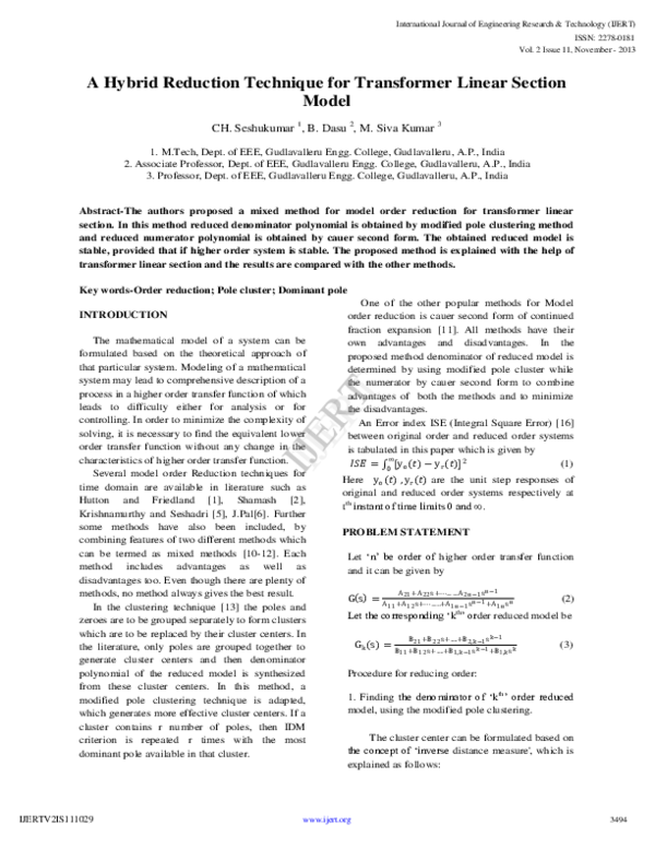 (PDF) IJERT-A Hybrid Reduction Technique for Transformer Linear Section Model