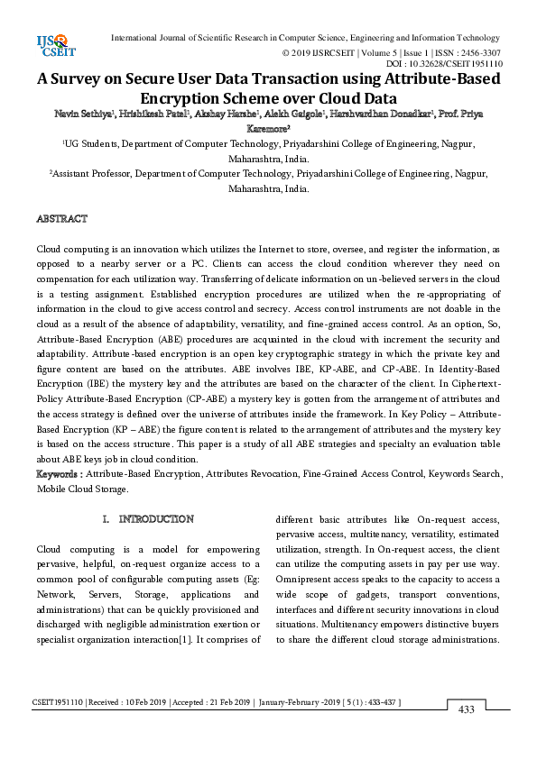 Pdf A Survey On Secure User Data Transaction Using Attribute Based Encryption Scheme Over