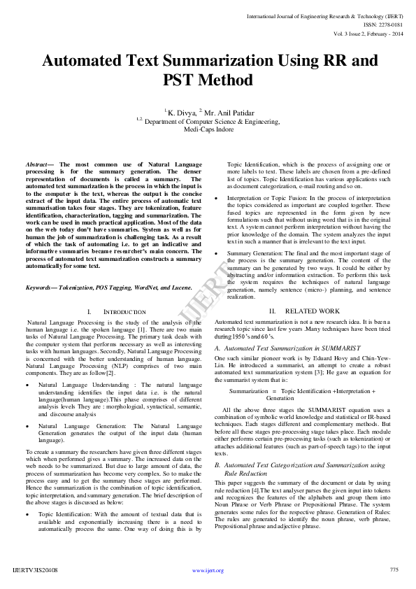 (PDF) IJERT-Automated Text Summarization Using RR and PST Method