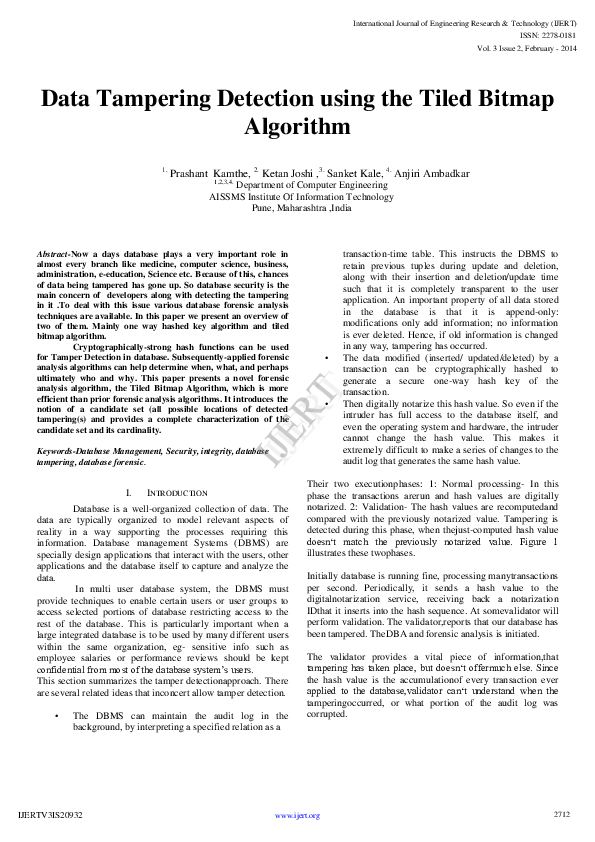 Pdf Ijert Data Tampering Detection Using The Tiled Bitmap Algorithm Ijert Journal