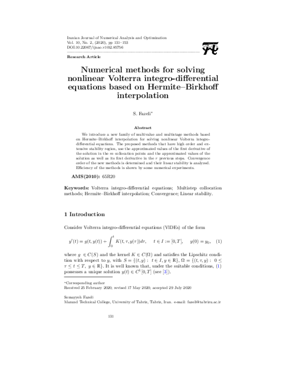 Pdf Numerical Methods For Solving Nonlinear Volterra Integro Differential Equations Based On