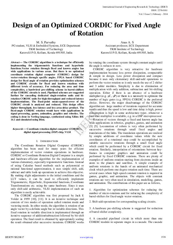 Pdf Ijert Design Of An Optimized Cordic For Fixed Angle Of Rotation Ijert Journal