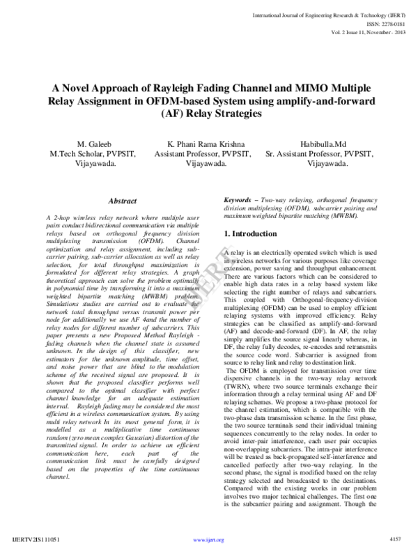 (PDF) IJERT-A Novel Approach of Rayleigh Fading Channel and MIMO Multiple Relay Assignment in ...