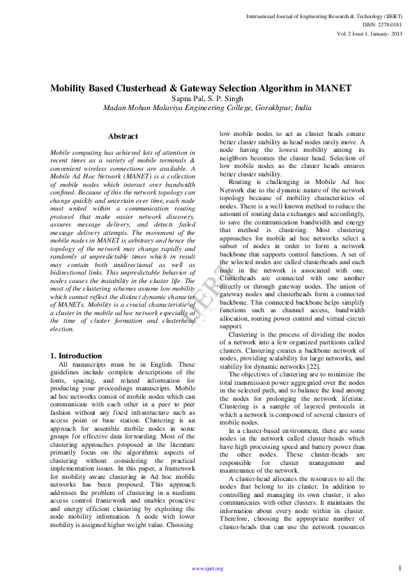 (PDF) IJERT-Mobility Based Clusterhead & Gateway Selection Algorithm in MANET