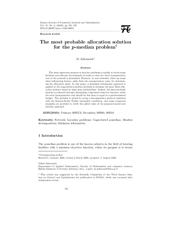 (PDF) The most probable allocation solution for the p-median problem