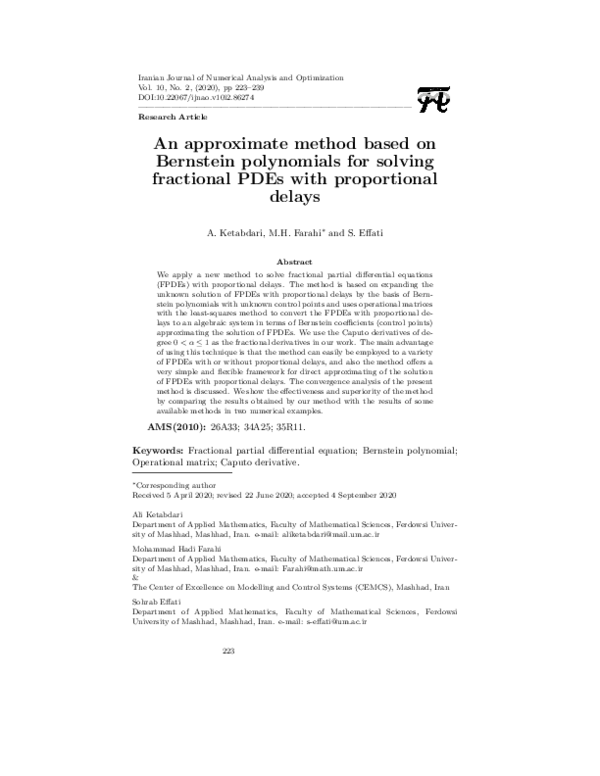 (PDF) An approximate method based on Bernstein polynomials for solving fractional PDEs with ...